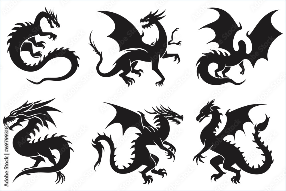 Dragon Silhouette Vector Illustration, Dragon silhouette set, White ...