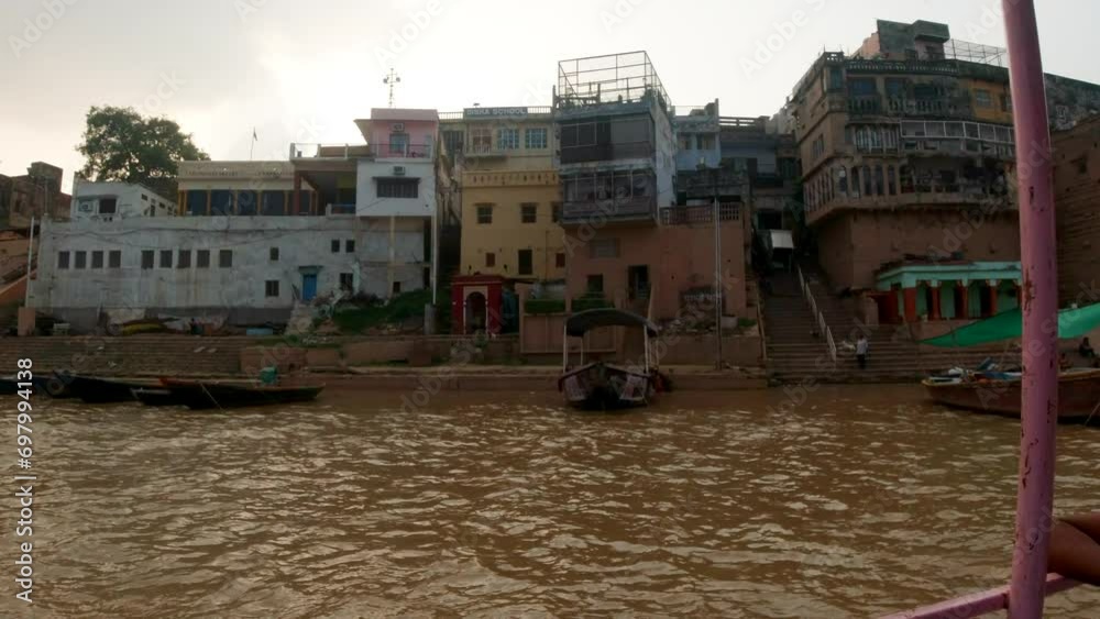 Cinematic Varanasi India Ganges River canal boat cruise Northern State ...