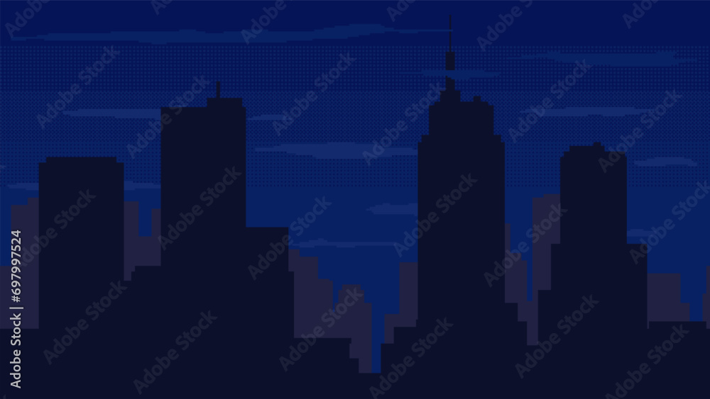 Night time cityscape pixel background. High buildings silhouette with ...