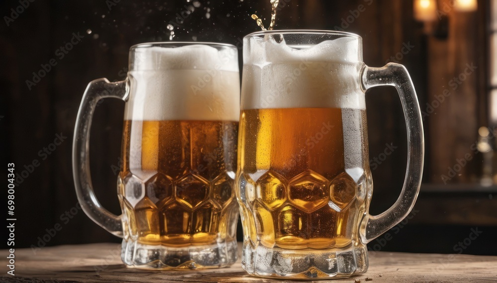 two mugs of beer are sitting on a table, one has a splash of water ...