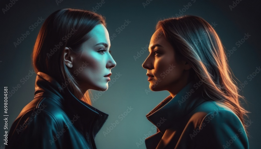 two women facing each other with one woman's head turned to the side ...