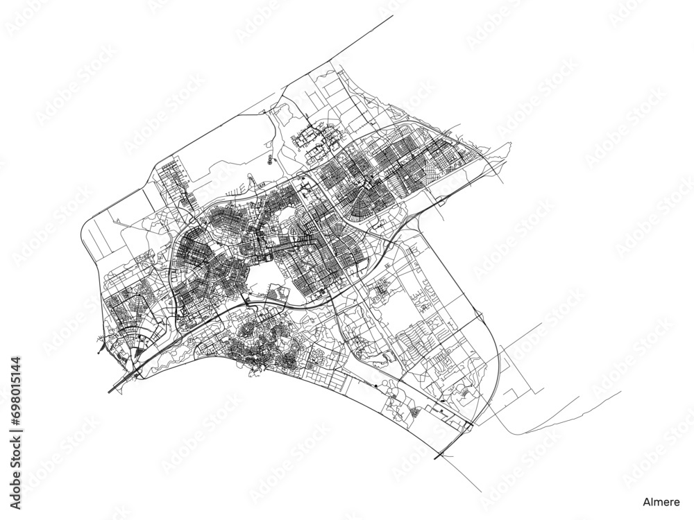 Almere city map with roads and streets, Netherlands. Vector outline ...