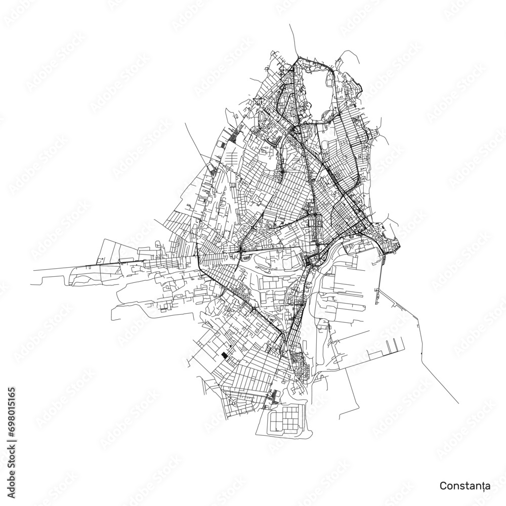 Constanta city map with roads and streets, Romania. Vector outline ...