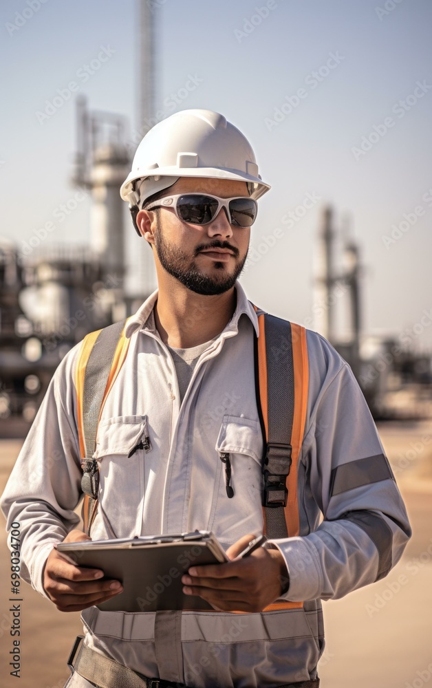 A confident petroleum engineer monitors drilling operations in an ...
