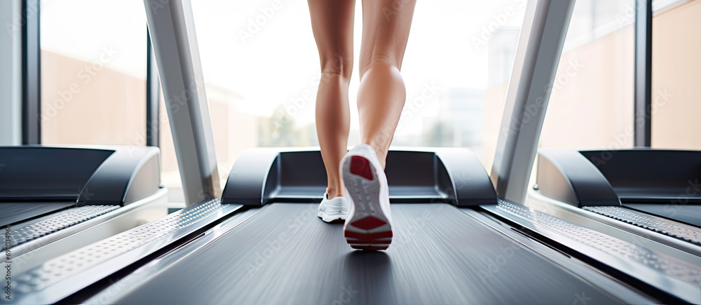 Legs of sportsman woman running on treadmill in fitness gym center ...