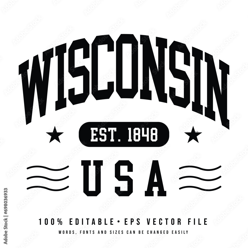 Wisconsin text effect vector. Editable college t-shirt design printable ...