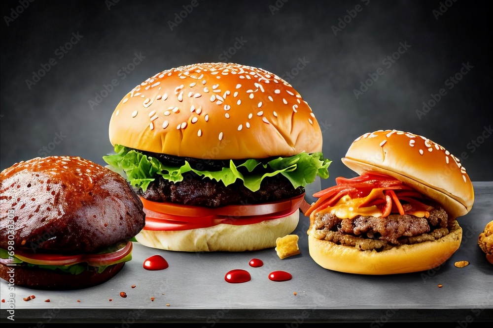 Delectable gourmet burger. Juicy beef, melted cheese, crisp veggies ...