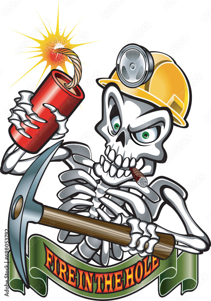 Human skeleton wearing a miner’s helmet holding a dynamite stick in one ...