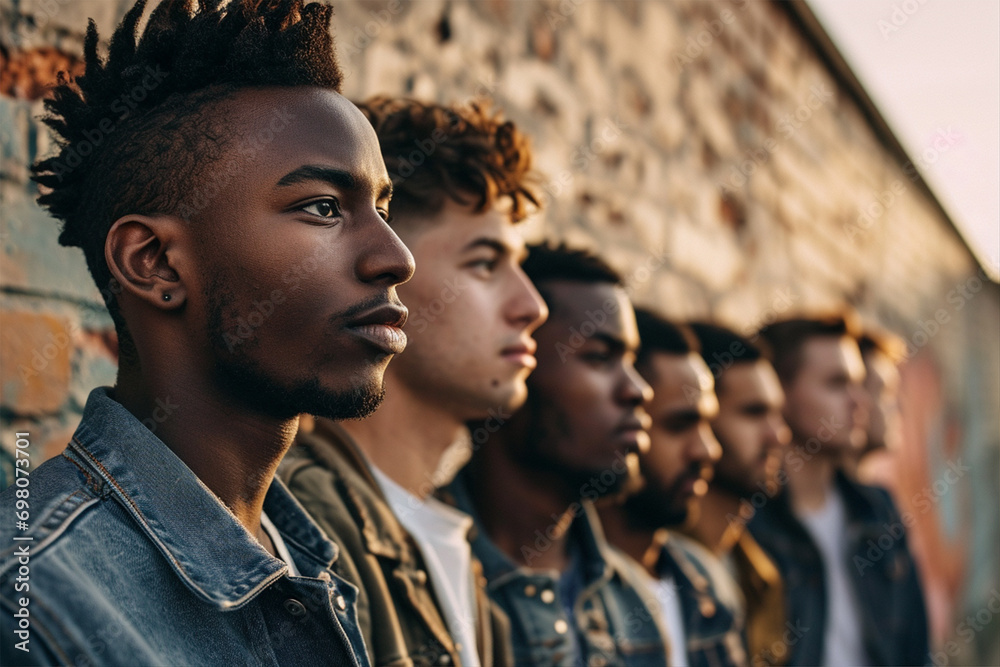 Profile portrait of young men or teenagers of different skin colors and ...