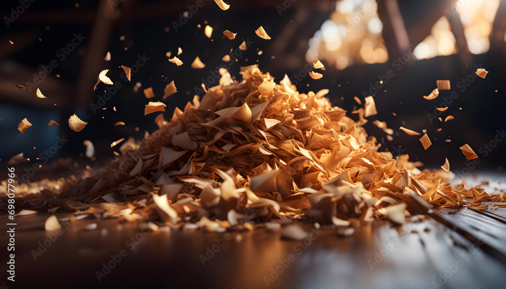 abstract view of waste wood shavings and sawdust in woodworking ...