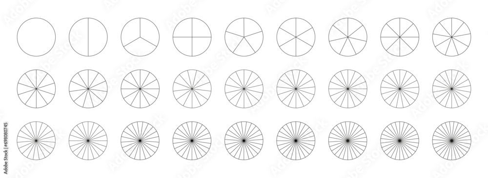 Pie chart template. Segmented charts collection. Many number of sectors ...
