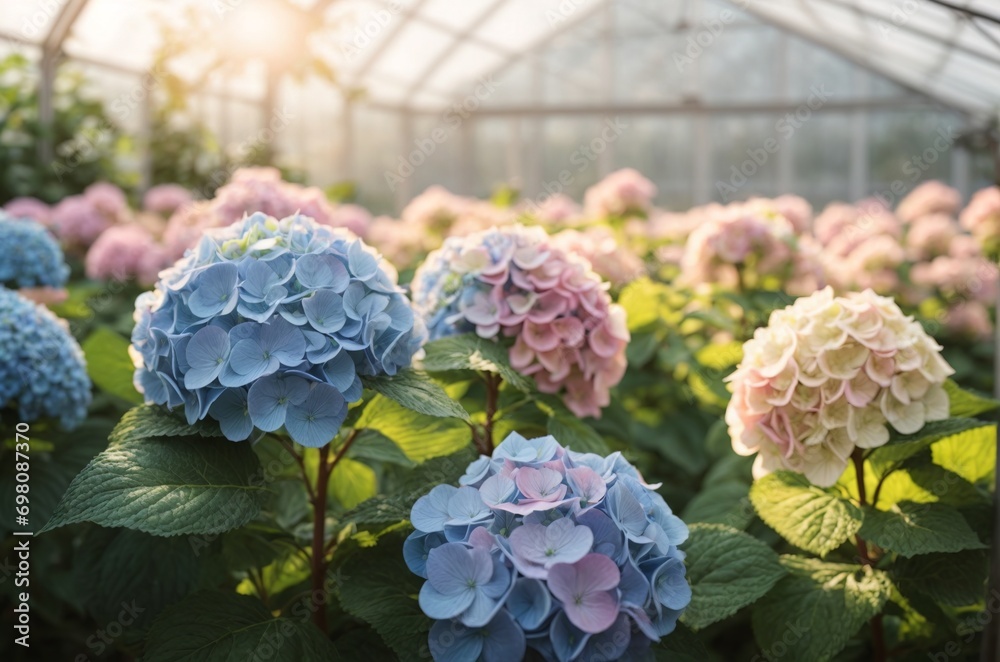 Plantation of hydrangeas in pots in a greenhouse. Soft sunny background. Concept of growing ...