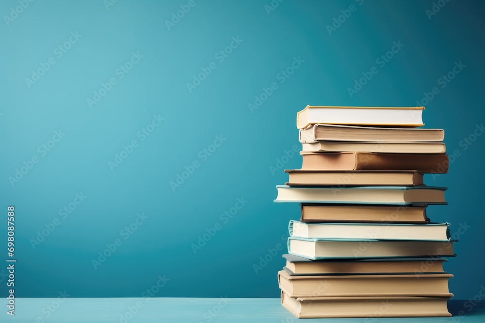 Vibrant blue background with neatly stacked books arranged vertically ...