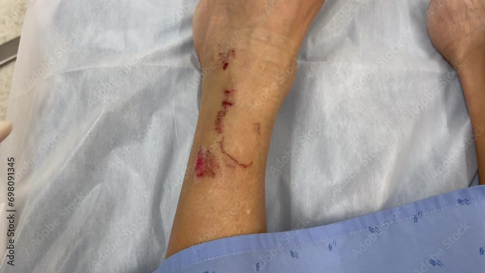 Vidéo Stock Close up on wounded leg and hands of nurse with latex ...