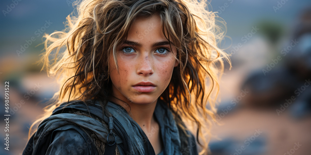 Young warrior girl with wind-blown hair and tribal marks standing ...