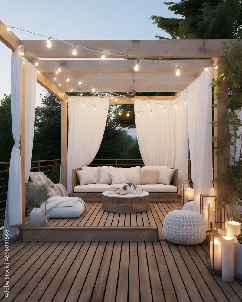 Outdoor patio with wooden deck and pergola with white string lighting ...