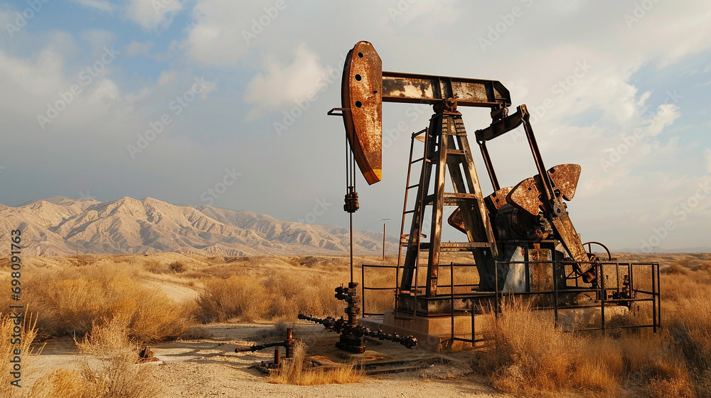 An oil pump, its steel rods rising and falling in the desert, is a ...
