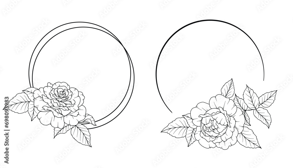 Rose Line Drawing. Black and white Floral Frames. Floral Line Art. Fine ...