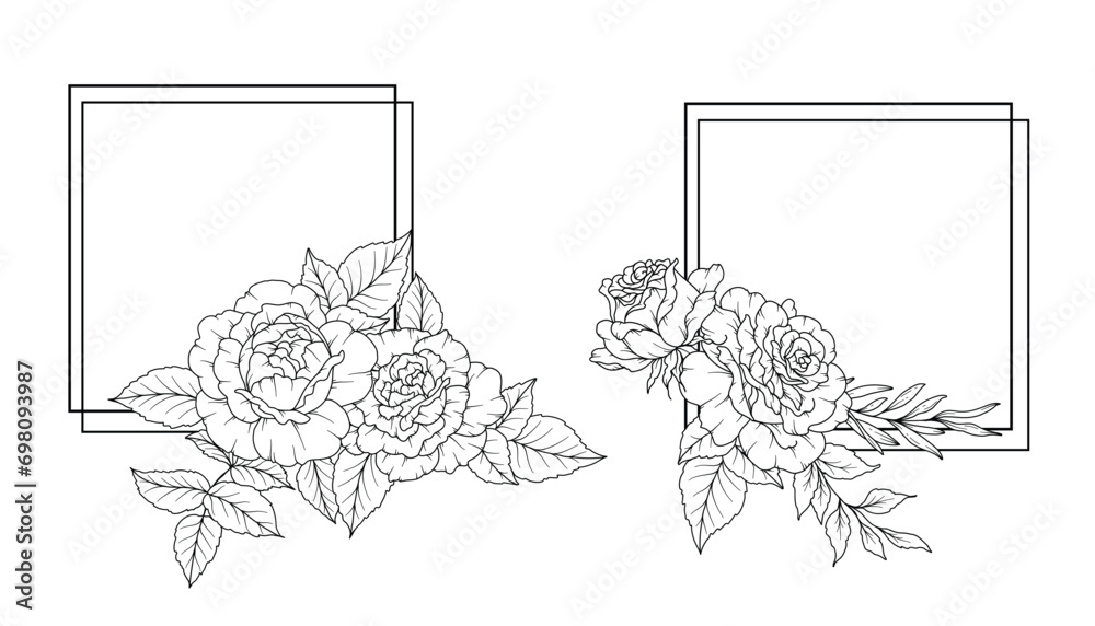 Rose Line Drawing. Black and white Floral Frames. Floral Line Art. Fine ...