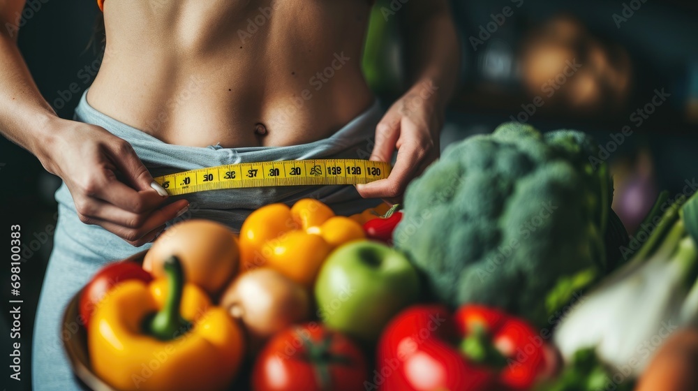Healthy Eating. Slim waist. Woman on Diet measure waistline. Calories ...