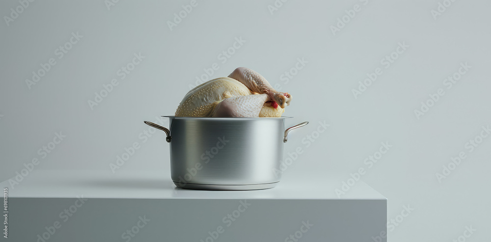 Chilled whole chicken carcass and metal pot tureen on flat white ...
