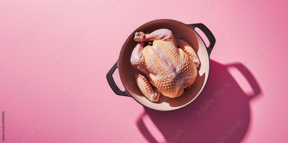 Chilled whole chicken carcass and metal pot tureen on flat pink ...