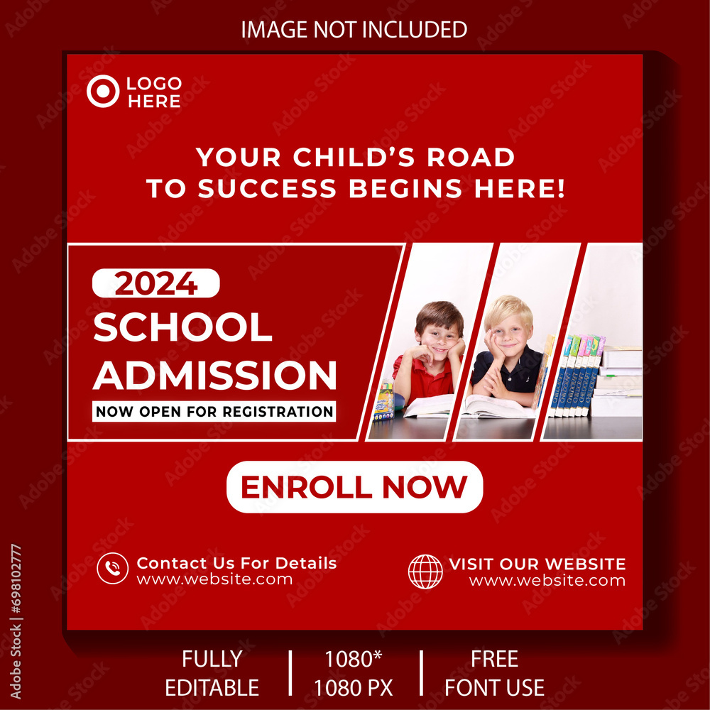 Vector school admission red banner template for social media post 2024 ...