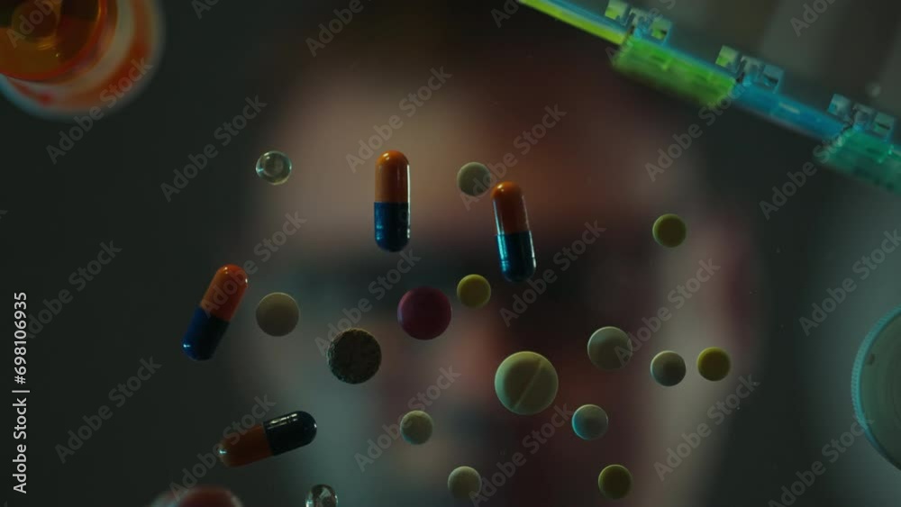 Antibiotic. A male doctor selects medicines in a scientific laboratory ...
