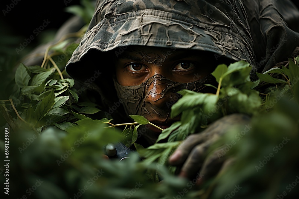 Person in tactical gear with face paint lying in thick greenery ...