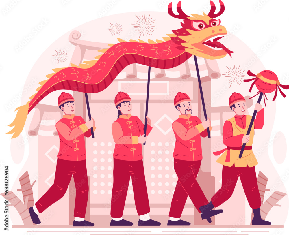 People in Traditional Costumes Perform a Dragon Dance in Front of the ...