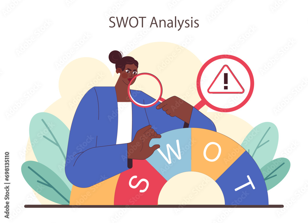 SWOT Analysis concept. Thoughtful businesswoman studying potential ...