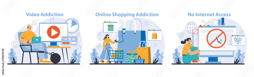 Internet addiction set. Illustrations depict the excessive indulgence ...
