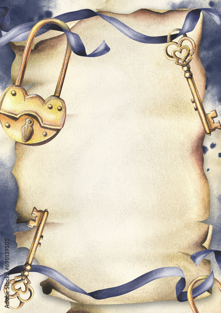 Golden locks with keys, ribbons, stains and splashes. Hand drawn ...