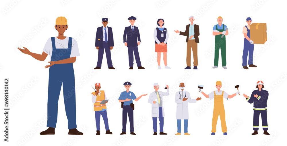 Different workers cartoon characters set with builder, pilot, policeman ...