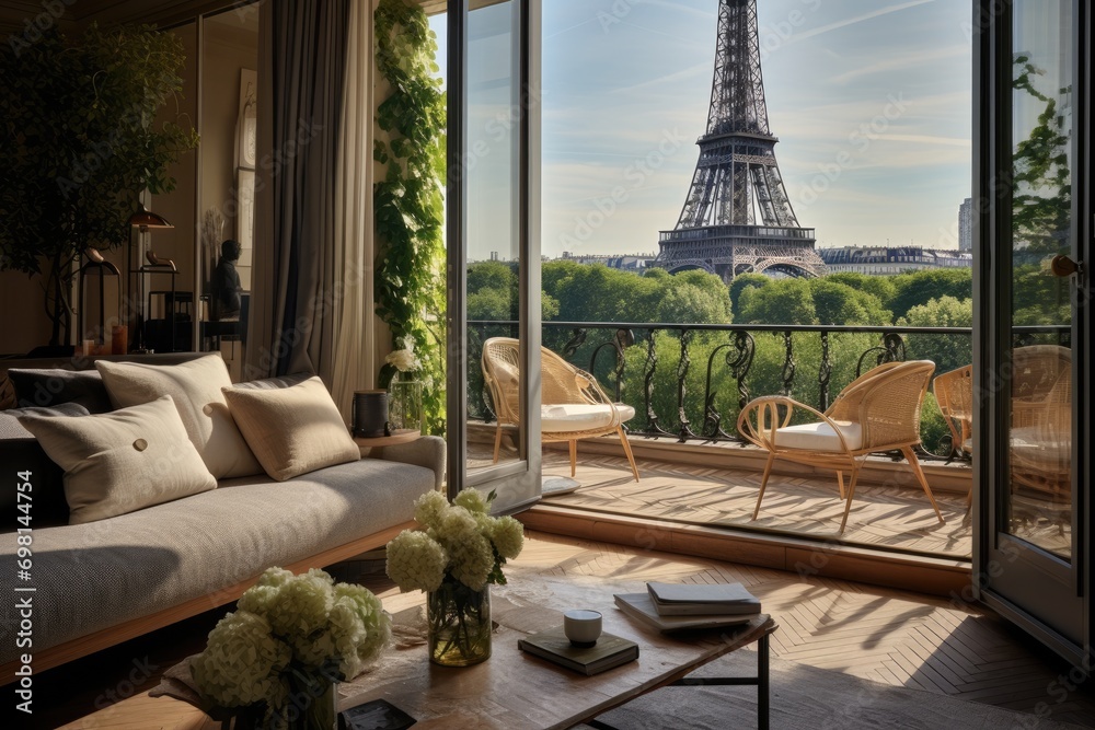 Eiffel tower view from the window in Paris, France, A chic Parisian apartment with a balcony ...