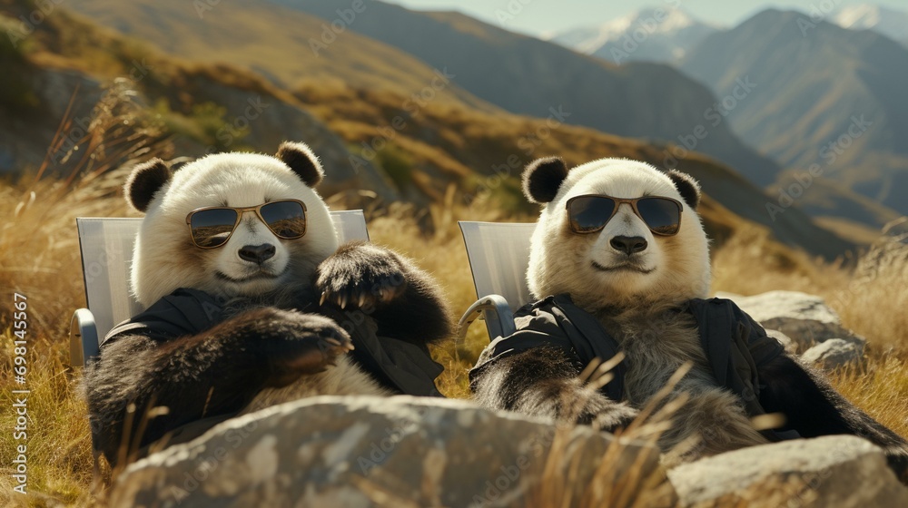 Pandas wearing oversized sunglasses and striking poses in a comical fashion, creating a ...