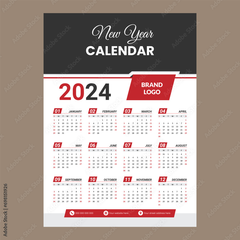 2024 Wall Calendar Design, Wall Calender Design Template 2024, Simple ...