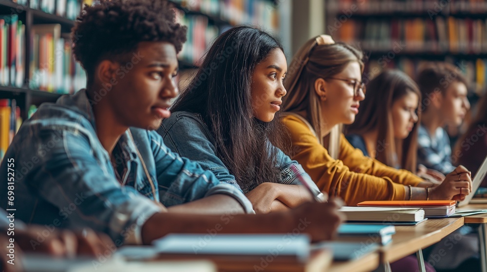 Multiracial University Students Engage in Group Study at High School ...