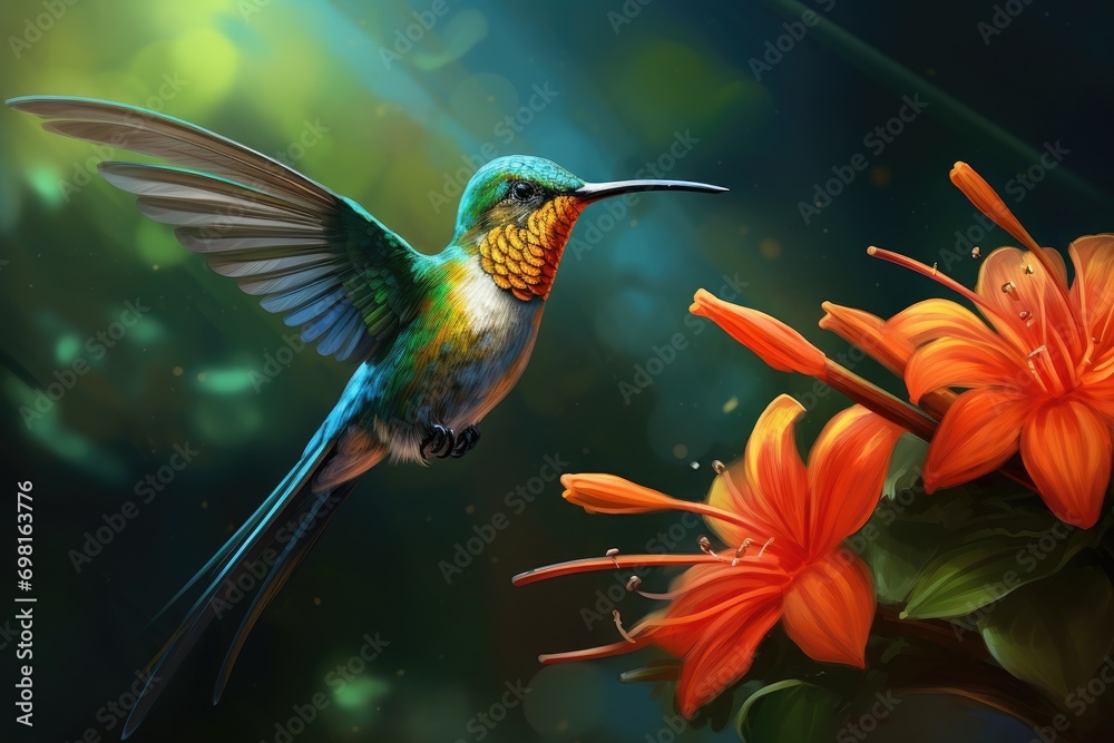 Hummingbird and orange lily flower. Wildlife scene from tropic nature ...