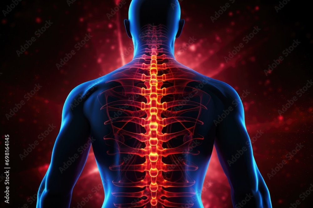 Human body with highlighted spine in x-ray image on dark background ...