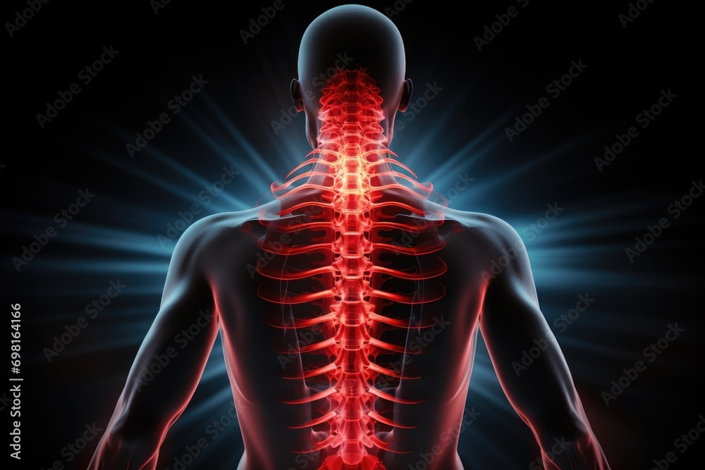 Human body with highlighted spine in x-ray view on dark background ...