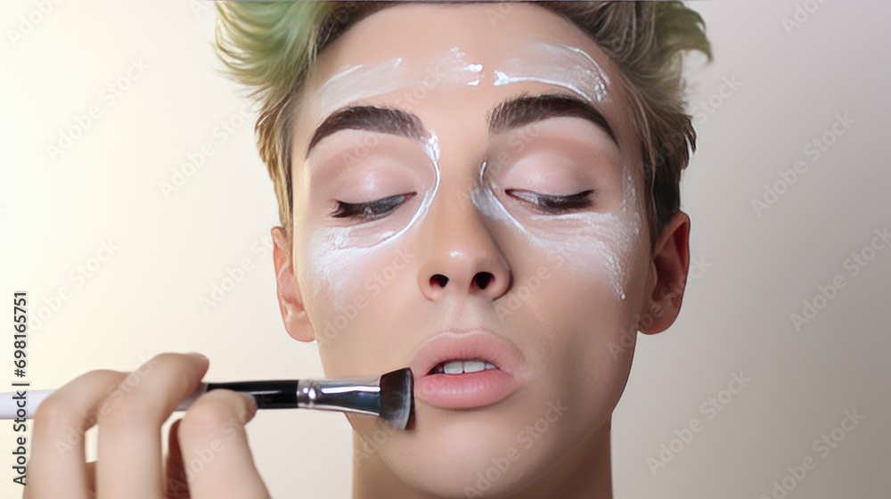 Self-Care and Expression. Transgender Man Applying Makeup, Isolated on ...