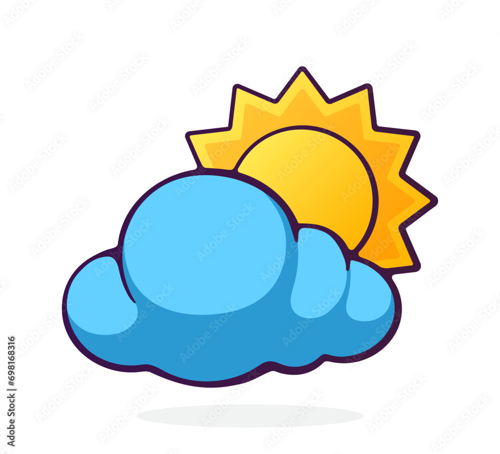 Sun with cloud. Weather symbol. Vector illustration. Hand drawn cartoon ...
