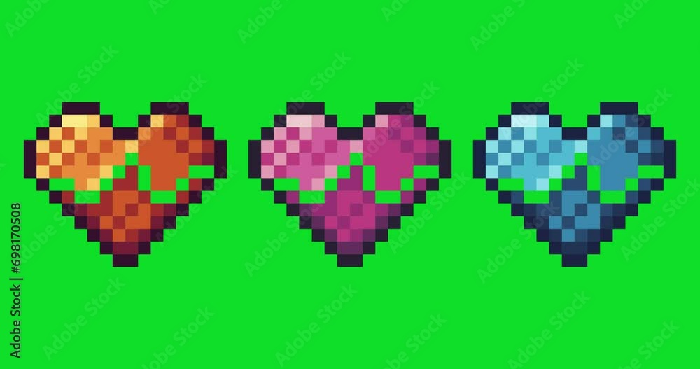 Green screen of heart with beat,Heart icon bits pixel slowly appeared ...