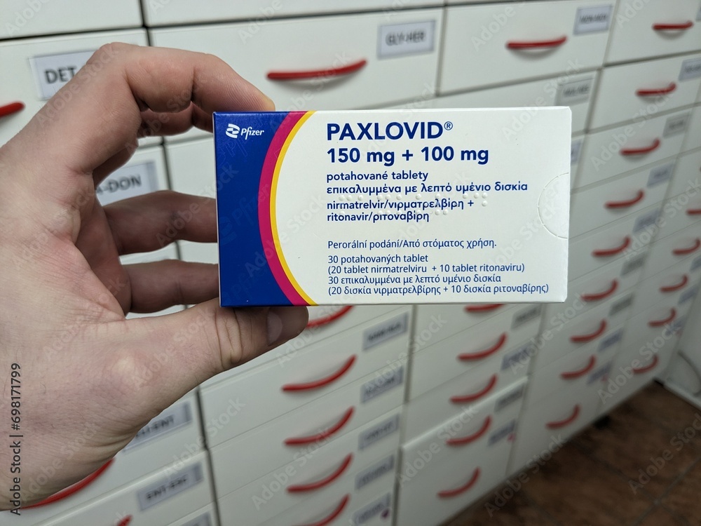 Prague,Czech republic- March 2 2024: Paxlovid box of medication with ...