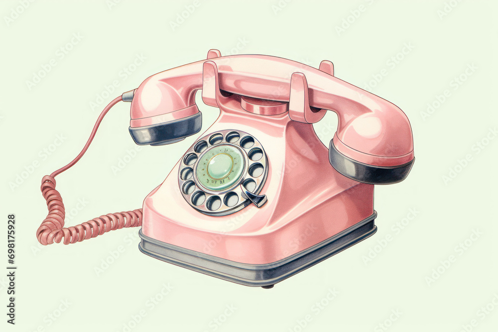old pink corded rotary telephone illustration. Vintage landline ...