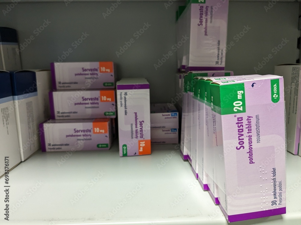 Prague,Czech republic-January 8 2024: box of SORVASTA Czech medication ...