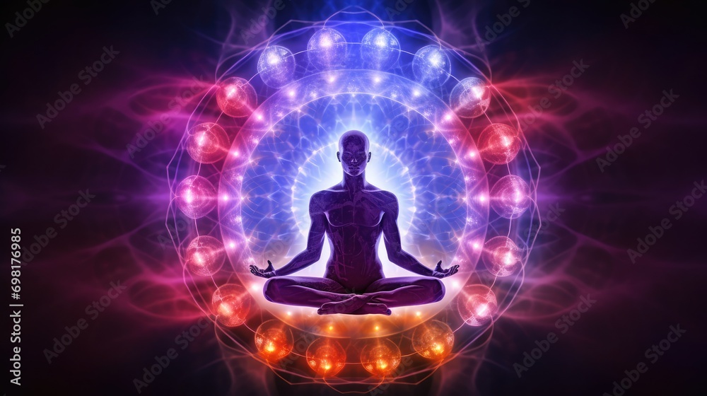 Body silhouette in meditation with the chakras behind, in the style of ...