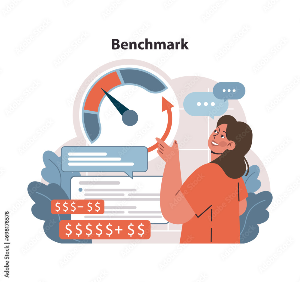 Benchmark concept. Eager professional analyzes performance metrics, comparing current progress ...