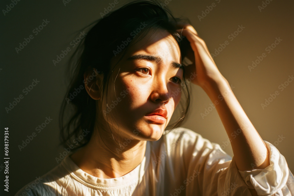 portrait headshot of a young asian/korean/japanese woman with long dark ...